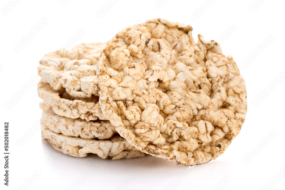 Puffed rice bread isolated on white background. Rice cakes. Round diet ...