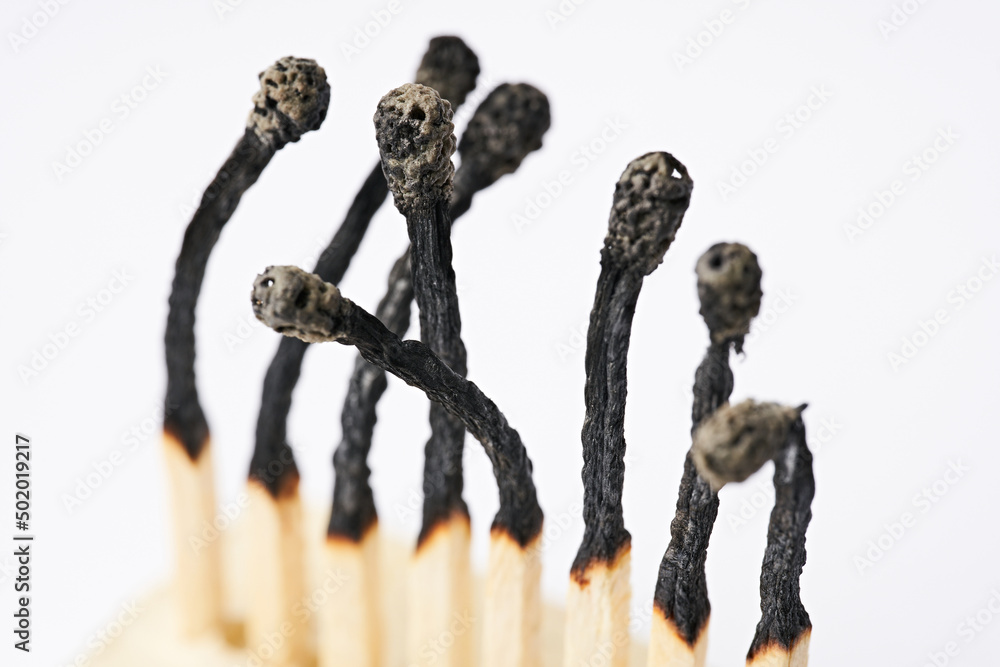 Burnt matches isolated on white. Box of matches. Different stages of ...