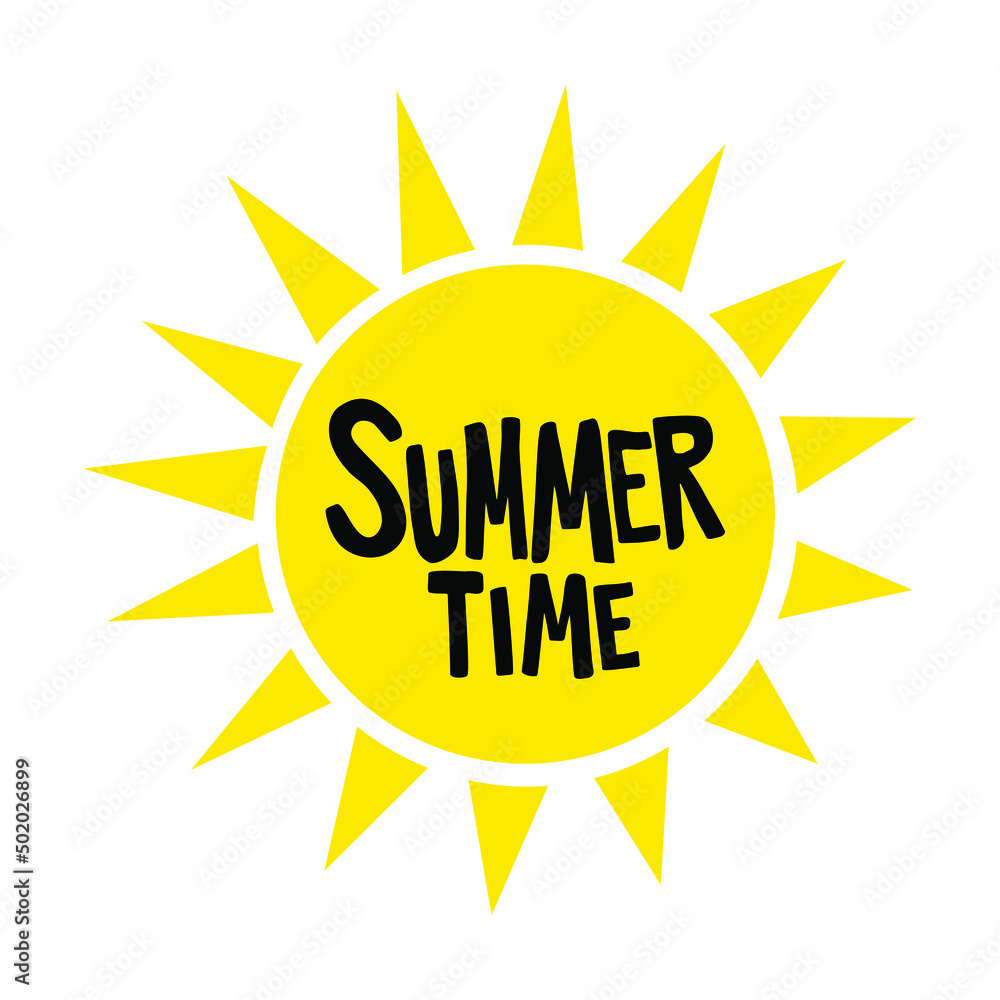 Summer Time. Hand drawn text with stylish sun. Vector illustration for ...