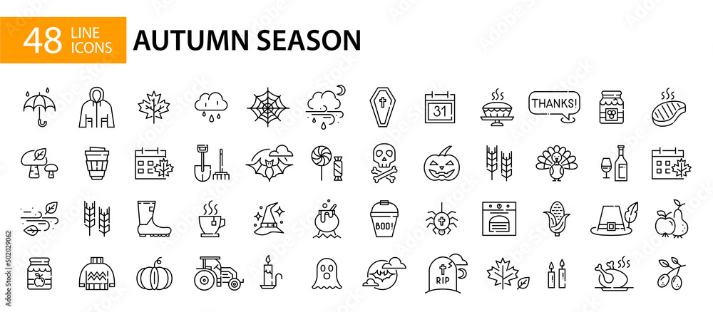 48 fall season icons. Thanksgiving, harvest and Halloween symbols ...
