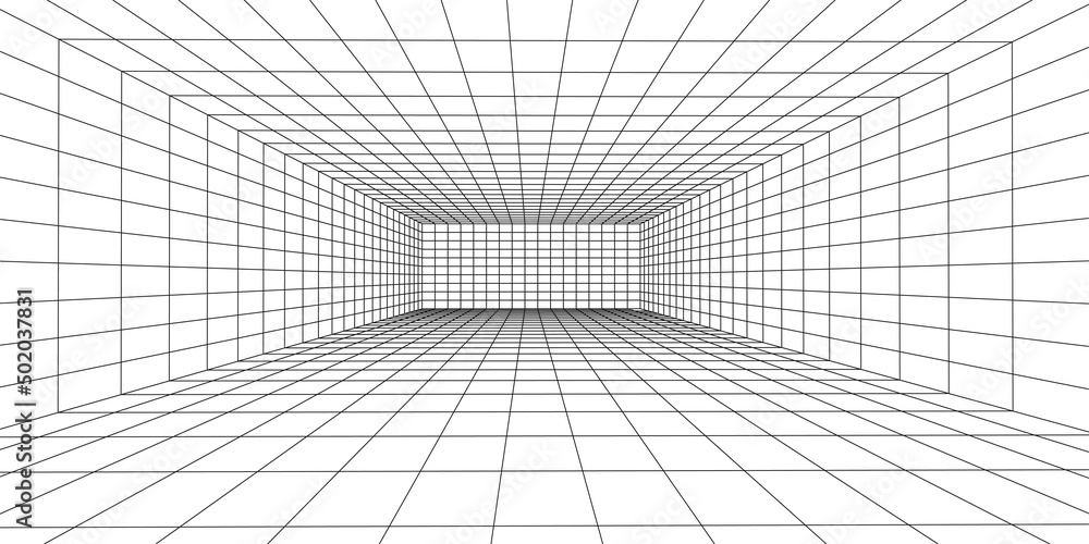 3D wireframe room white on blue background. Abstract perspective grid ...