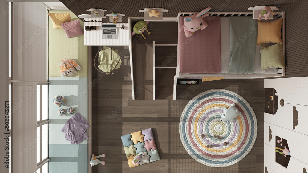 Modern wooden children bedroom with bunk bed in dark and pastel tones ...
