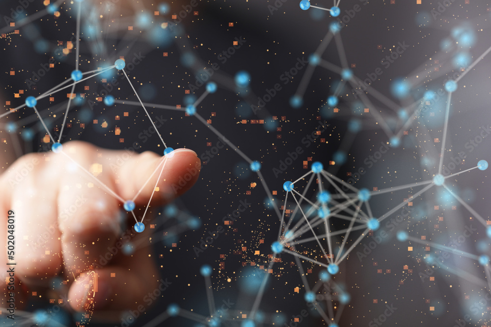 Global network. Blockchain. 3D illustration. Neural networks and ...