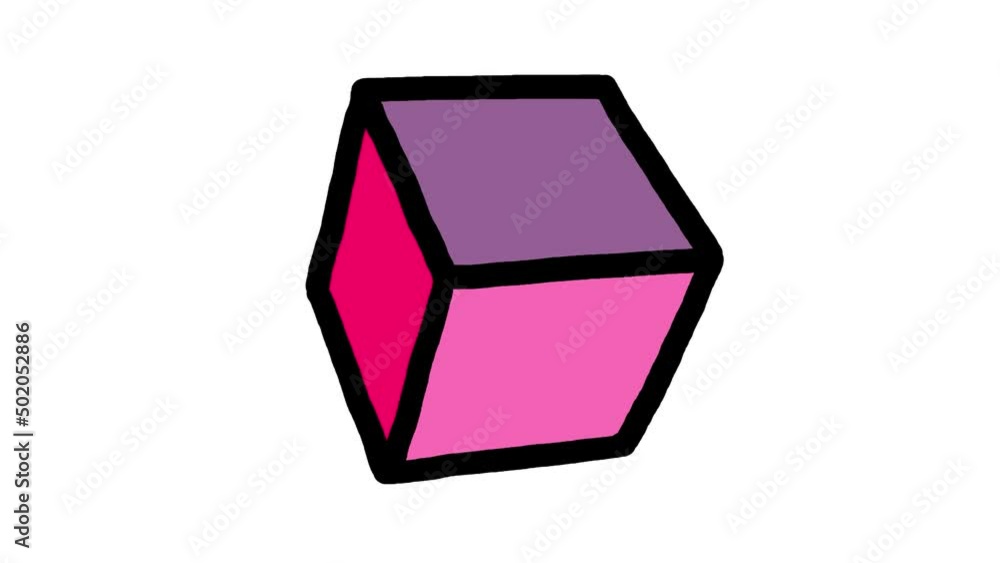 Cube cartoon 3d color with linear doodle black outline animation ...