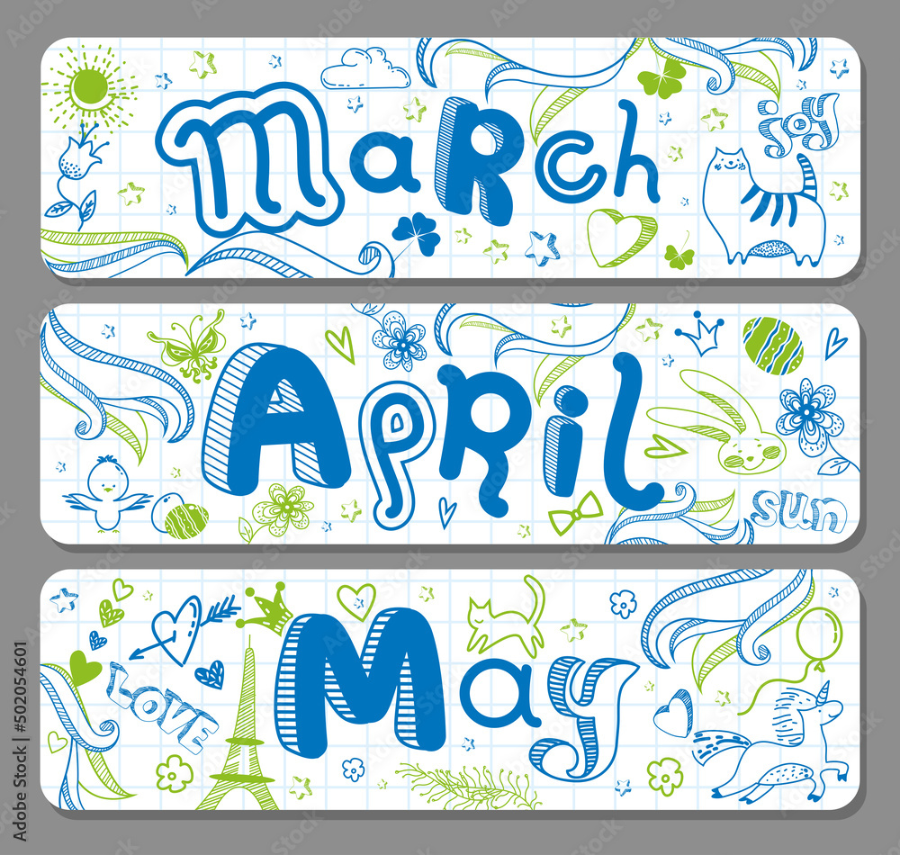 Three lovely horizontal seasonal spring doodle banners with cute hand ...