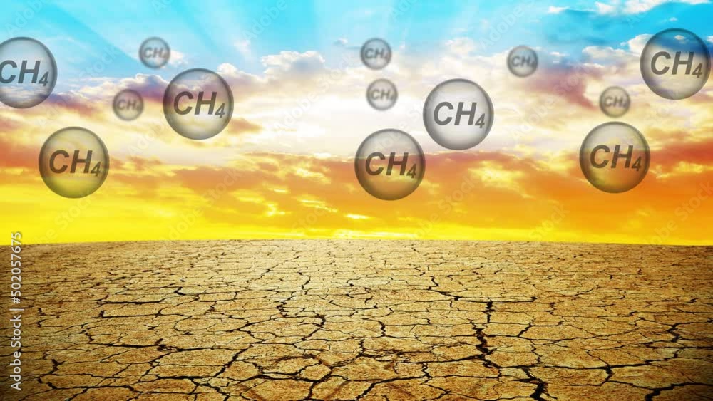 Parched landscape and bubbles with CH4 text at sunset. Global warming ...