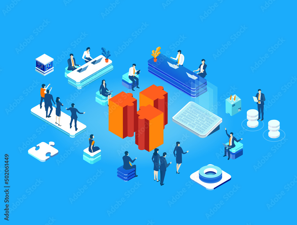 Business people working around puzzles in data centre, receiving and ...