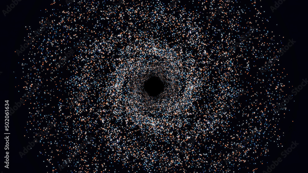 Glittering golden particles floating, swirling in a spiral trajectory ...