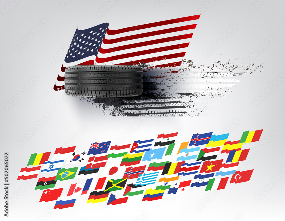 Waves flags of the world. A car tire leaves a mark. Grunge effect. Flag ...