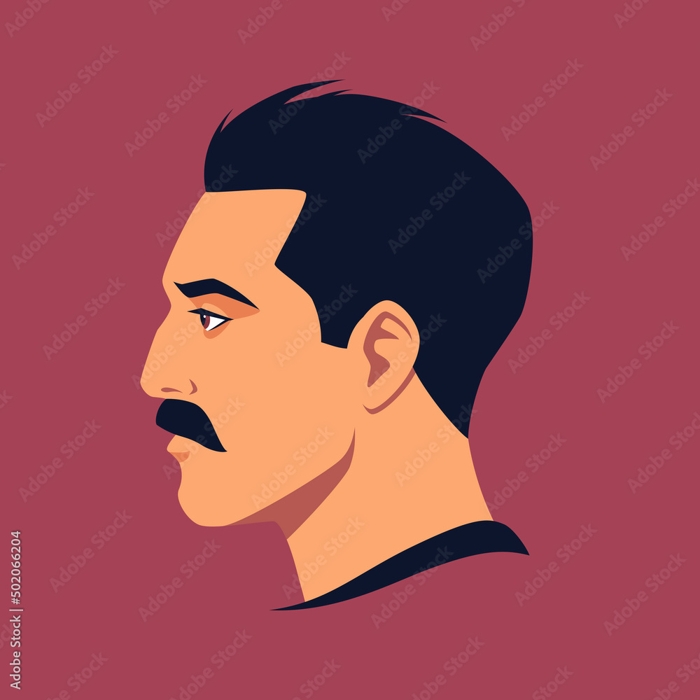 Head of moustached man in profile. Portrait of moustached brunet man ...