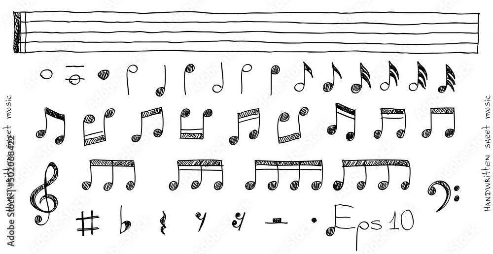 Musical note icons hand-drawn in sketchy style, music symbols and signs ...