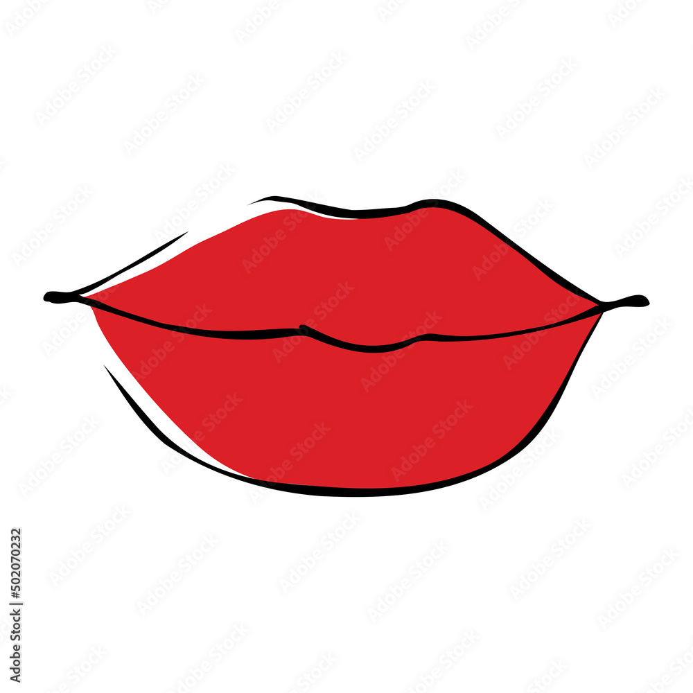 Cartoon red glossy female lips. lip line drawing. Woman gloss lipstick ...