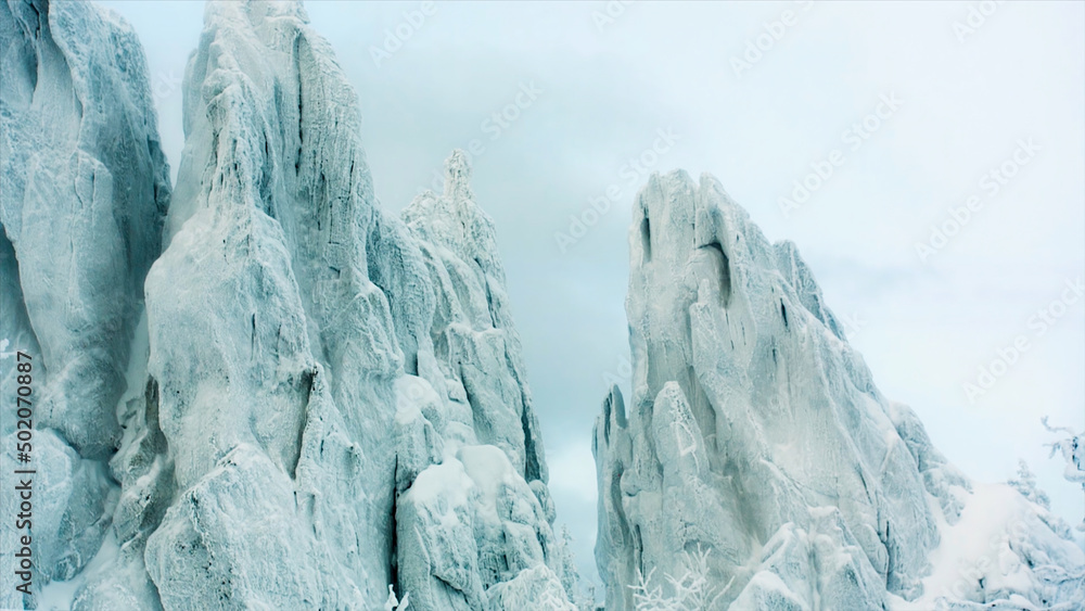 Snowy Rock in the forest. Video. snowy rocks in the mountains with ...