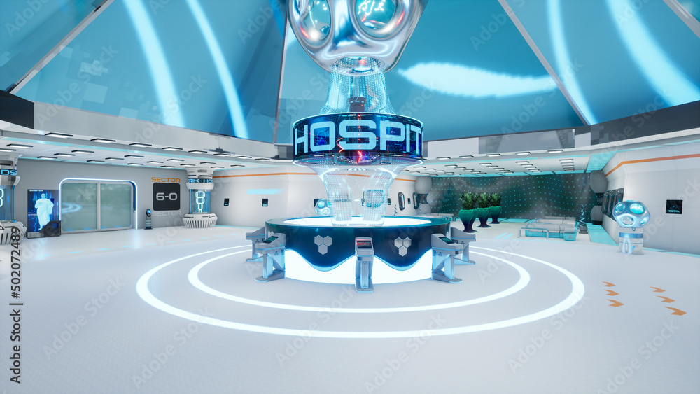 Futuristic hospital hallway in metaverse concept. 3d render Stock ...