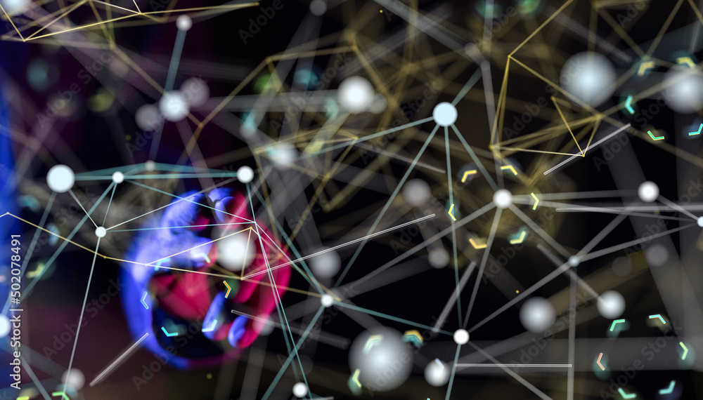 Global network. Blockchain. 3D illustration. Neural networks and ...