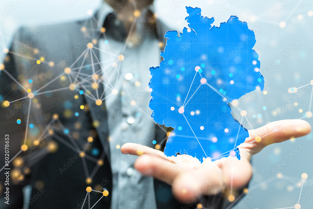 germany map - Global network. Blockchain. 3D illustration. Neural ...