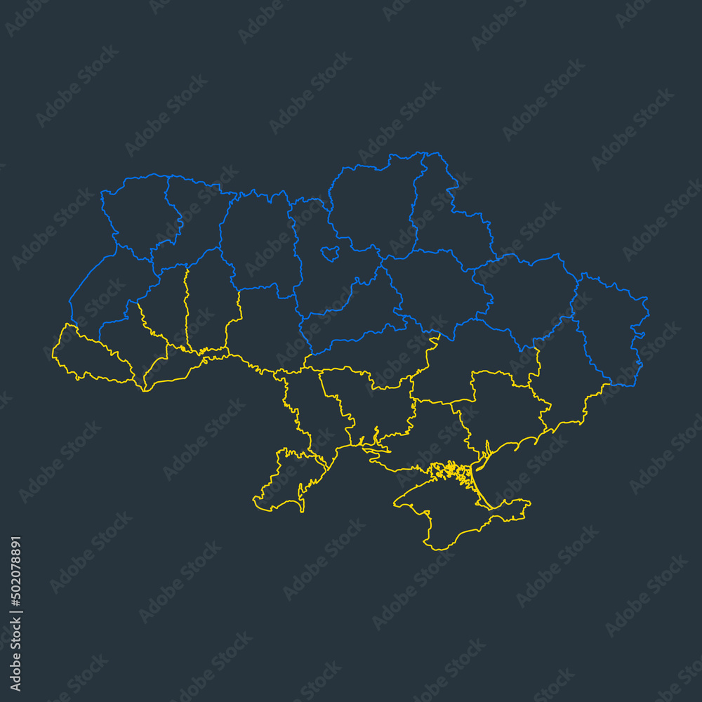 Ukraine map outline stroke, blue and yellow color. Borders of Ukraine ...