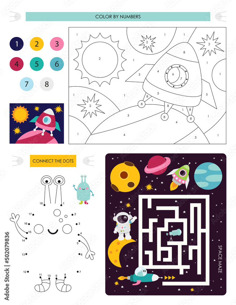Space Activity pages for kids. Printable activity sheet with mini games ...