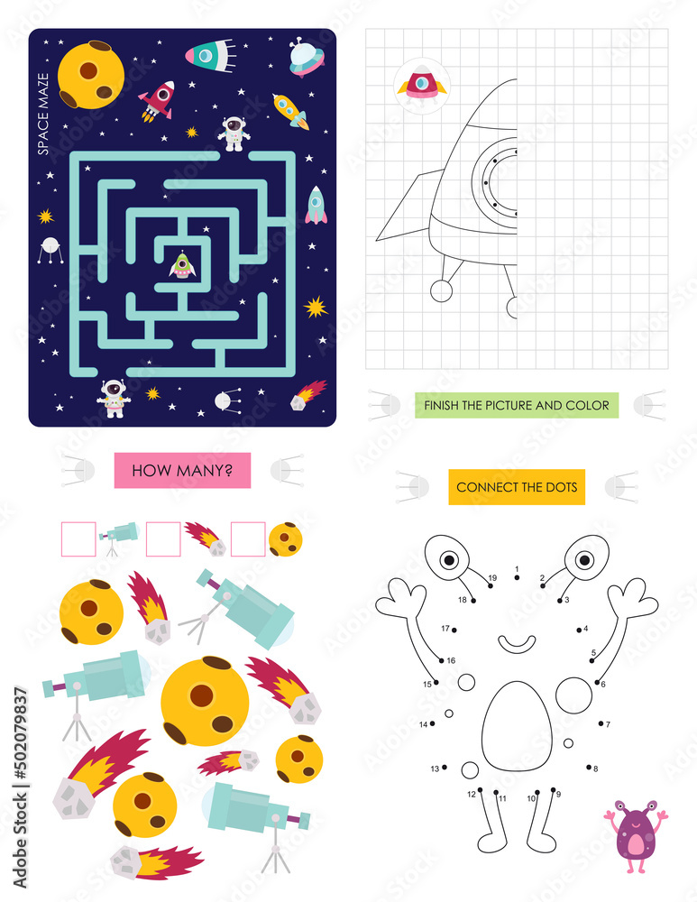 Space Activity pages for kids. Printable activity sheet with mini games ...