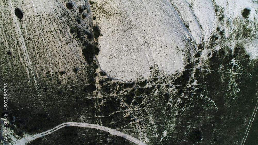 Top view of amazing white slope of a mountain covered with trees and ...
