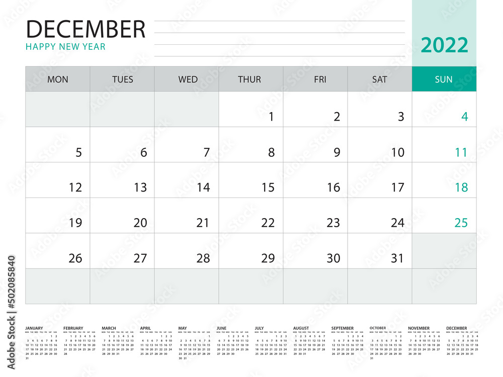 December 2022-Calendar 2022 template vector on green background, week ...