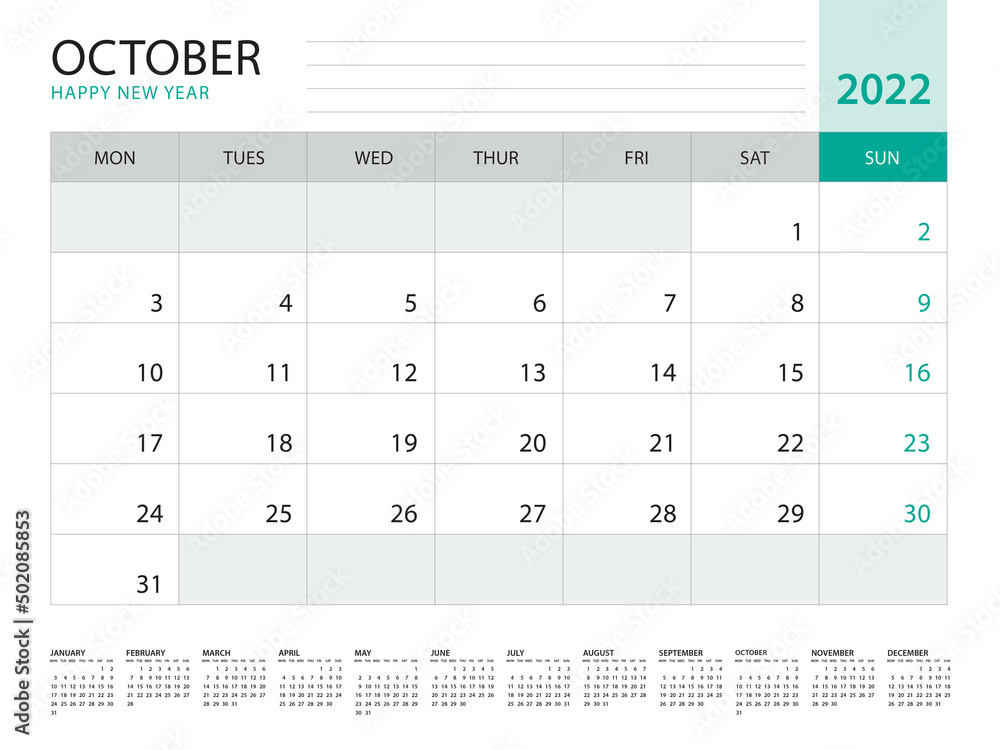 October 2022-Calendar 2022 template vector on green background, week ...