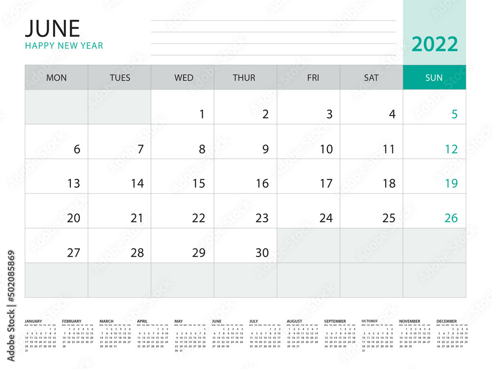 June 2022-Calendar 2022 template vector on green background, week start ...