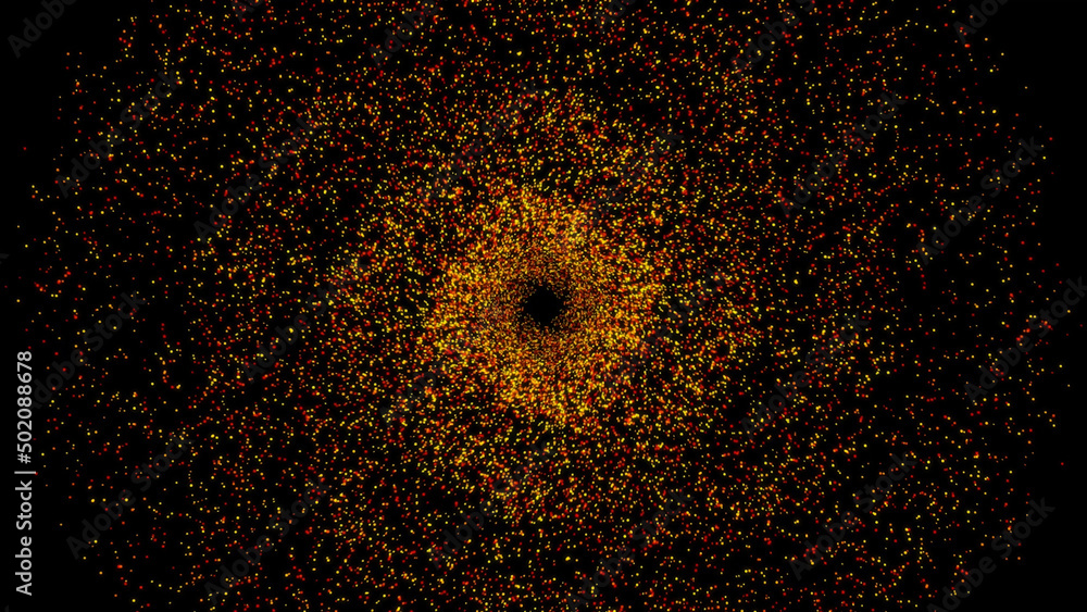 Small particles of red and yellow colors rotate on a black background ...