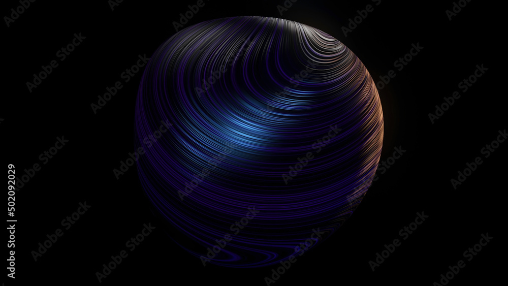 Abstract 3D ball covered with many narrow curved lines rotating ...