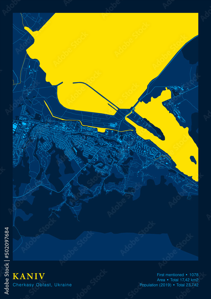 Town Kaniv Cherkasy Oblast Ukraine Vector Poster Highly Detailed Map In ...