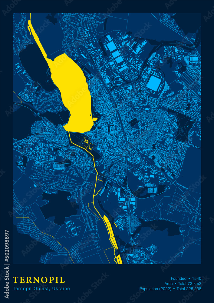 City Ternopil Ukraine Vector Poster Highly Detailed Map In Patriotic ...