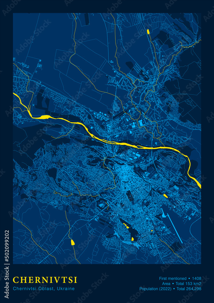 City Chernivtsi Ukraine Vector Poster Highly Detailed Map In Patriotic ...