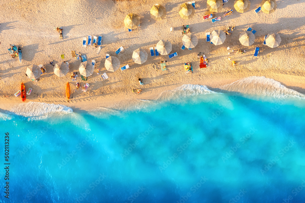 Mediterranean sea. Aerial view on the beach and people. Vacation and ...