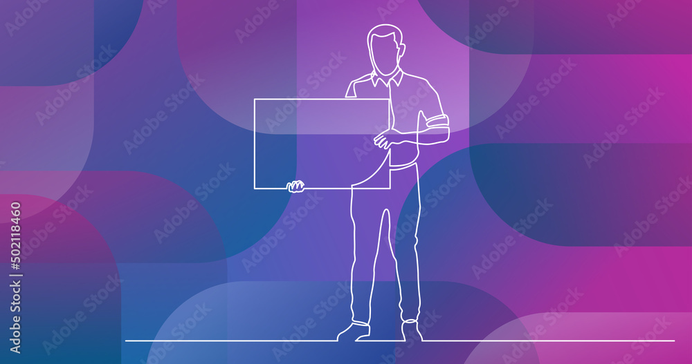 continuous line drawing of full length standing man holding blank sign ...