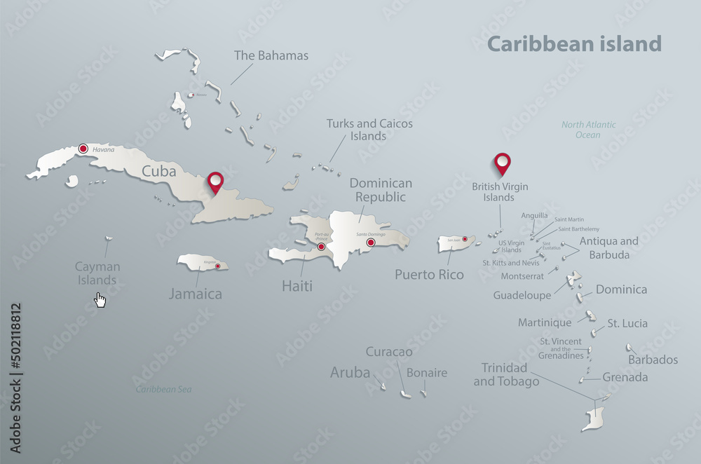 Caribbean Islands map, island with names, blue white card paper 3D ...
