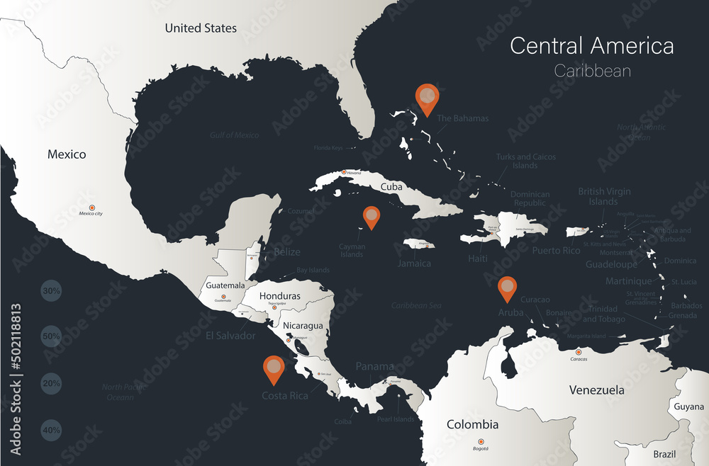 Central America and Caribbean Islands map, Infographics flat design ...