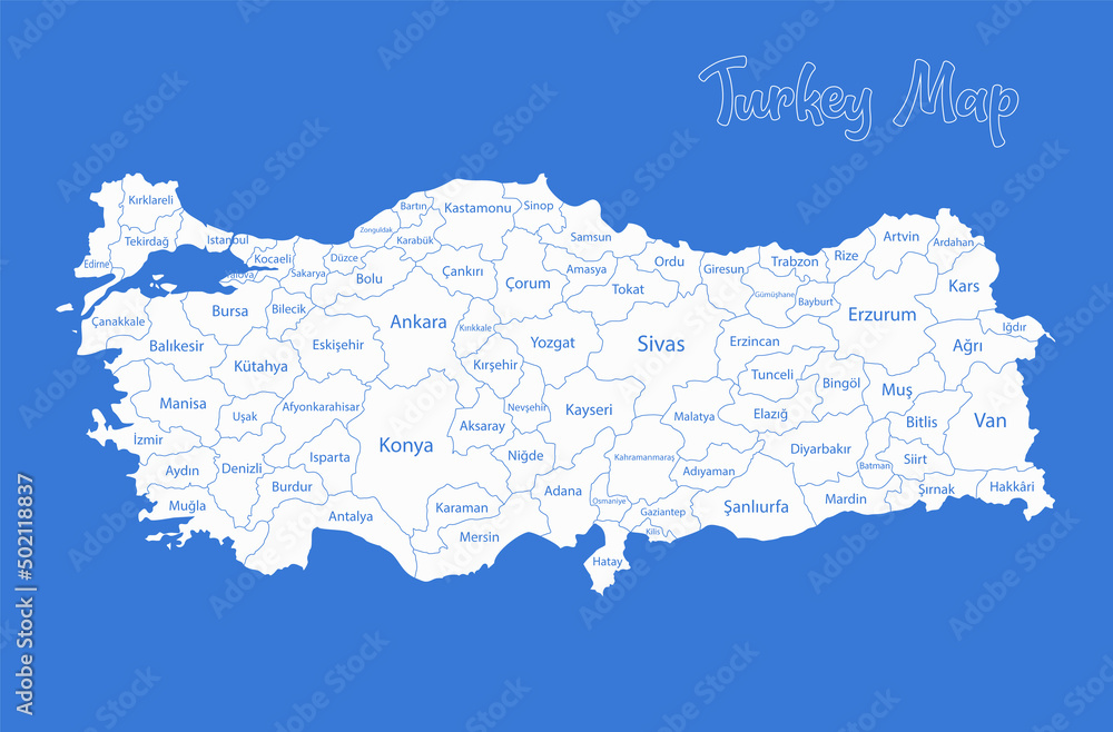 Turkey map, administrative divisions whit names regions, blue ...