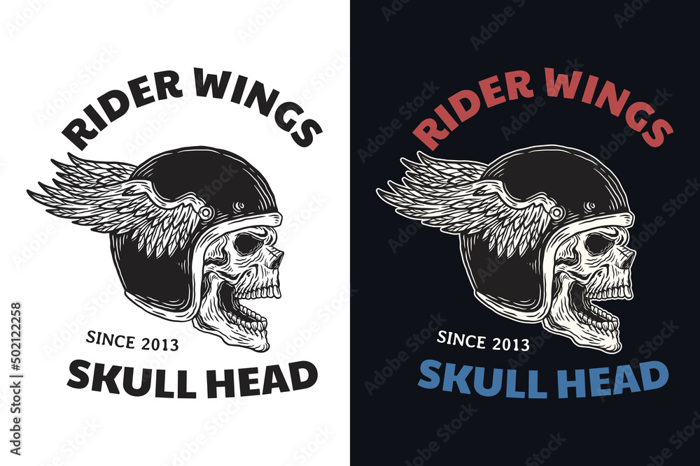 Set Skull Rider Helmet with wing Dark illustration Skull Bones Head ...