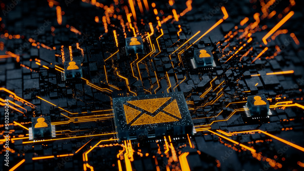 Email Technology Concept with Envelope symbol on a Microchip. Orange ...