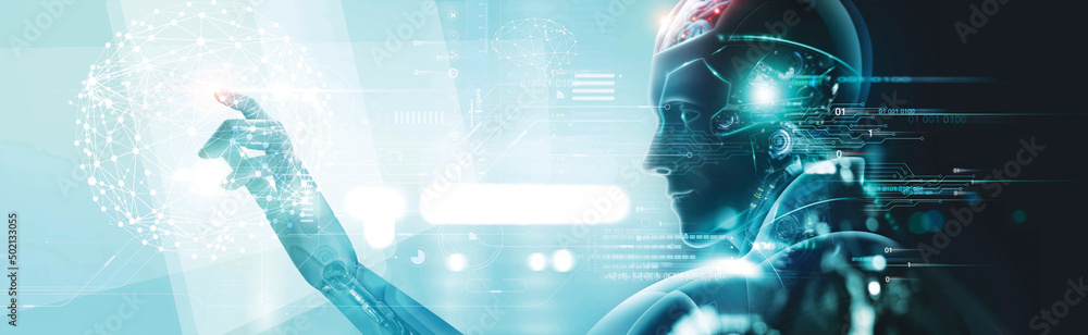 Smart AI. Robot programmer touch Internet network and analyzing ...