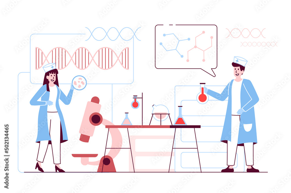 Medical laboratory concept in flat line design. Employees in uniform do ...