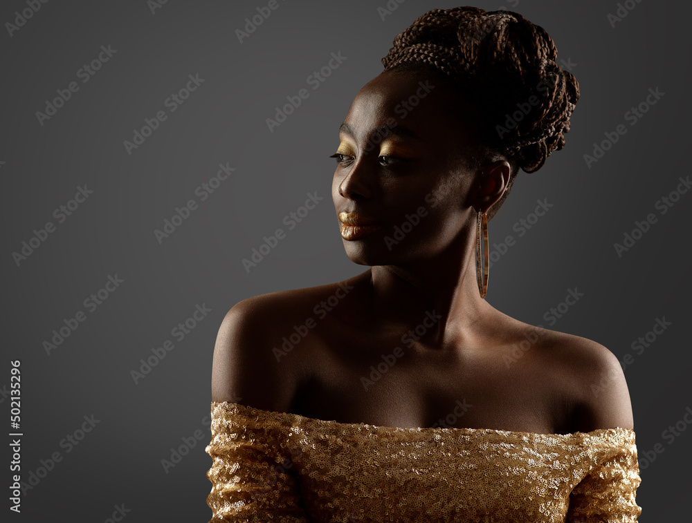 African Woman Black Silhouette Dark Skin Beauty Model With Golden Make
