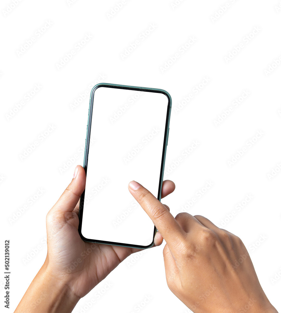 adult man hand using cell phone with white screen isolated Stock Photo ...