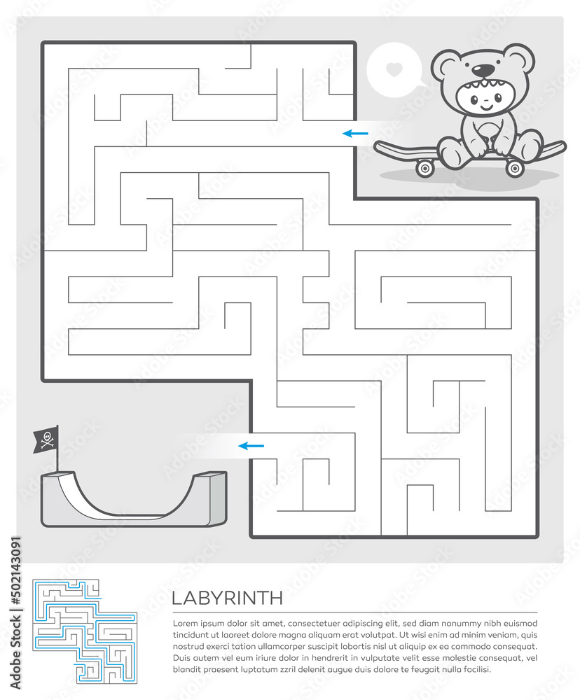 Vector educational maze game with little baby in a teddy bear costume ...