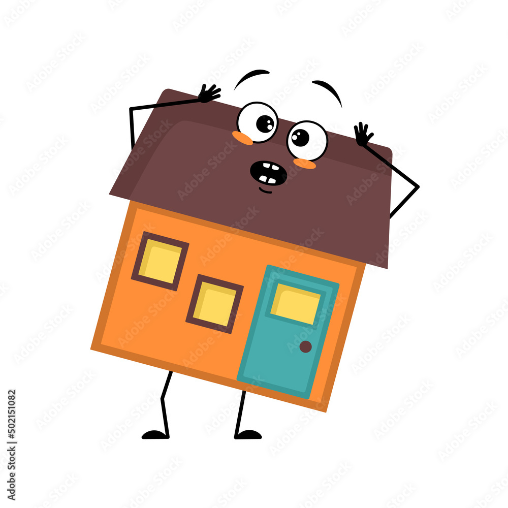 Cute house character with panic emotions, surprised face, shocked eyes ...
