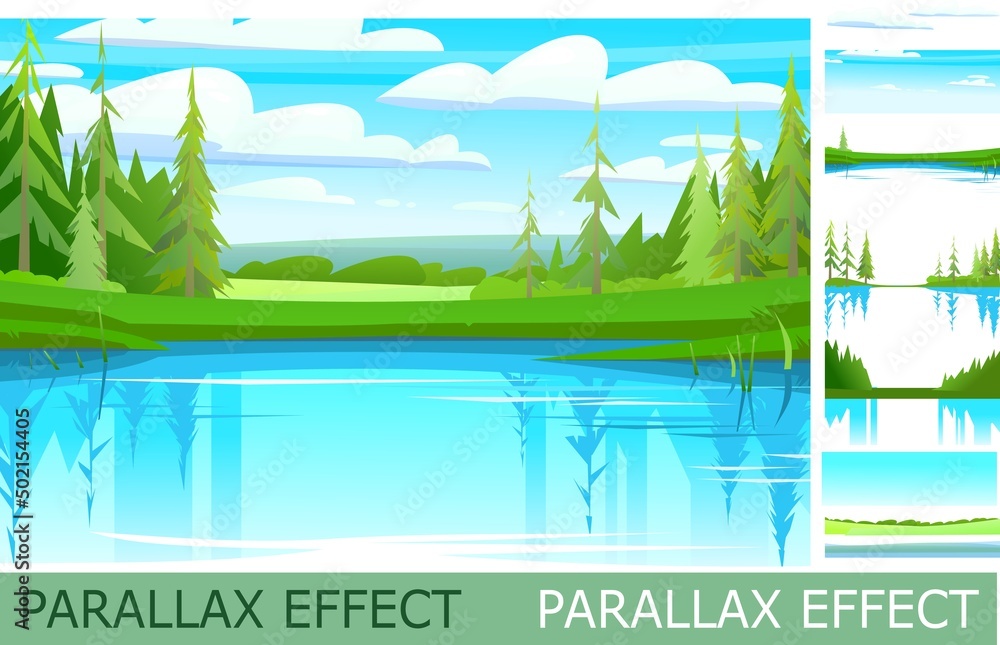 Rural landscape with parallax effect. Water pond or river bank with ...