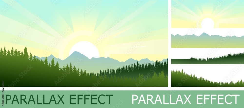 Pine forest. Silhouettes of coniferous trees with parallax effectwith ...