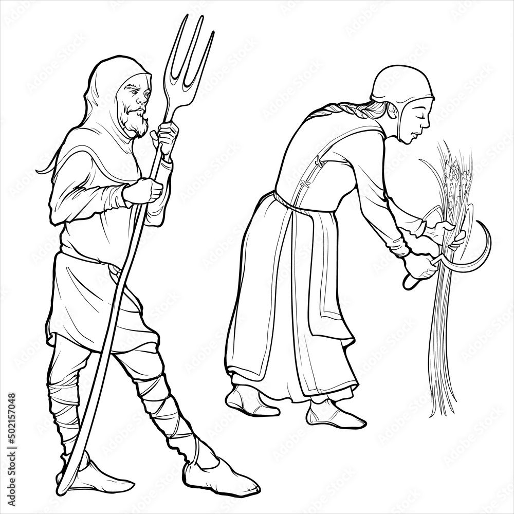 Medieval man and woman peasants working in the field. Medieval gothic ...
