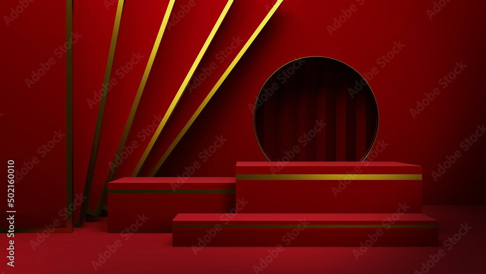 3D rendering of red podium with golden light background. Beautiful red ...