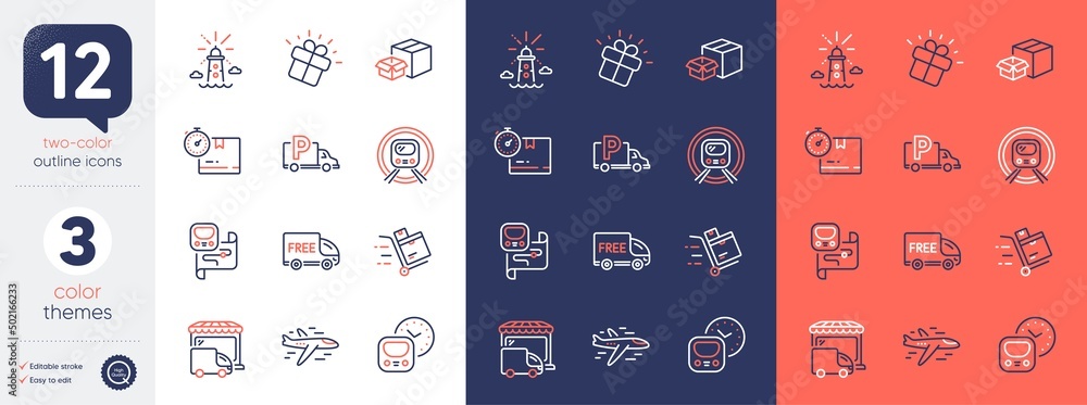 Set of Truck parking, Cardboard box and Metro subway line icons ...